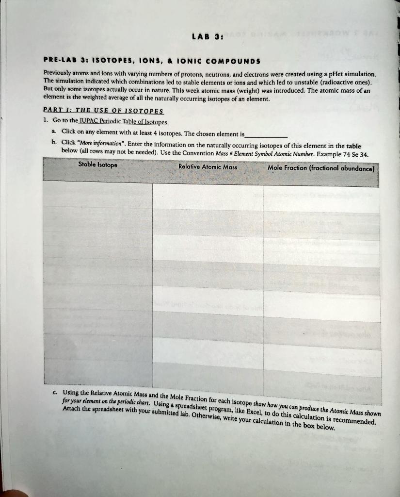 Solved LAB 3: PRE-LAB 3: ISOTOPES, IONS, IONIC COMPOUNDS | Chegg.com