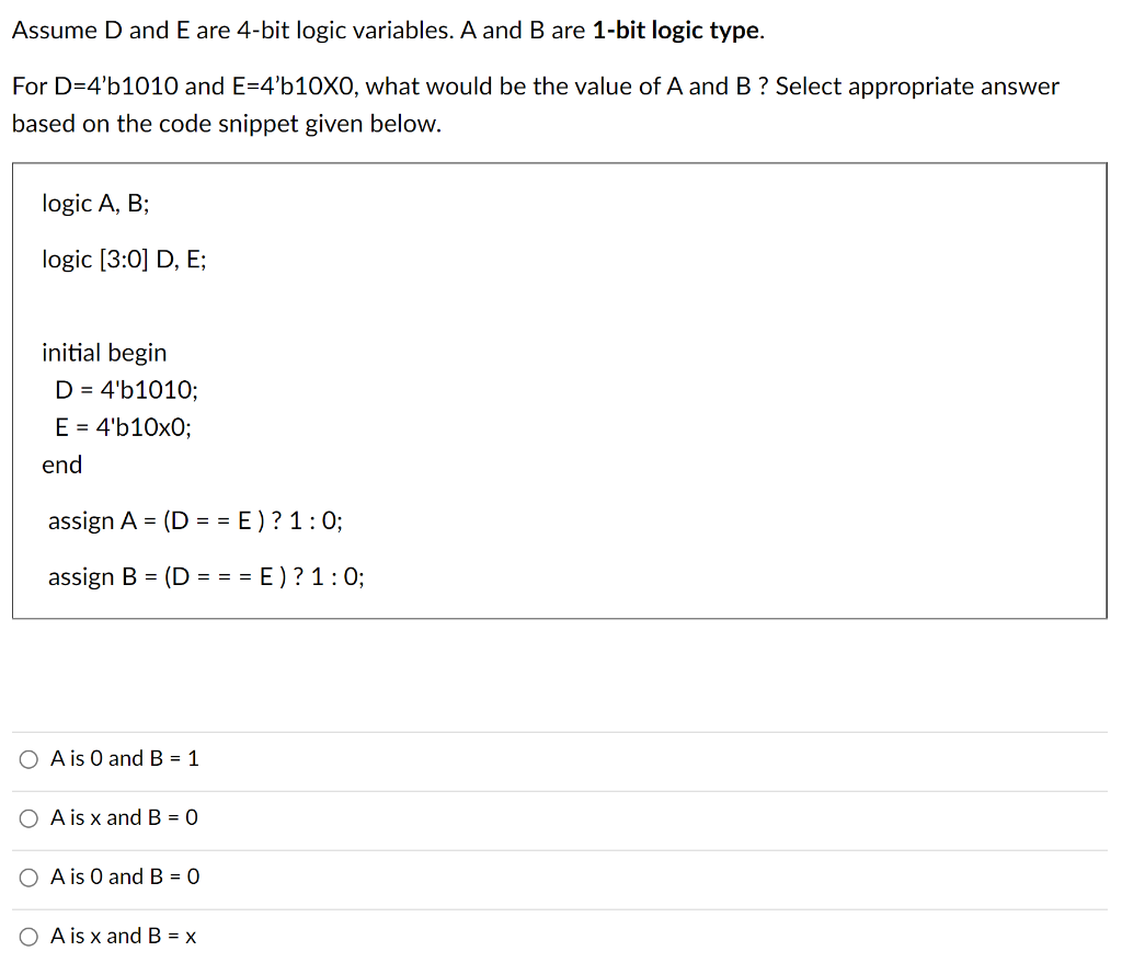 Solved Assume D and E are 4-bit logic variables. A and B are | Chegg.com