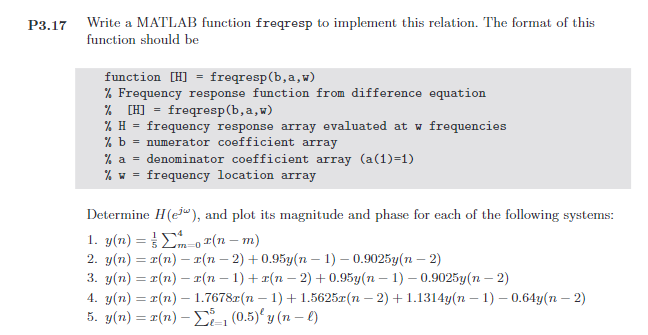 P3.17 Write a MATLAB function freqresp to implement | Chegg.com