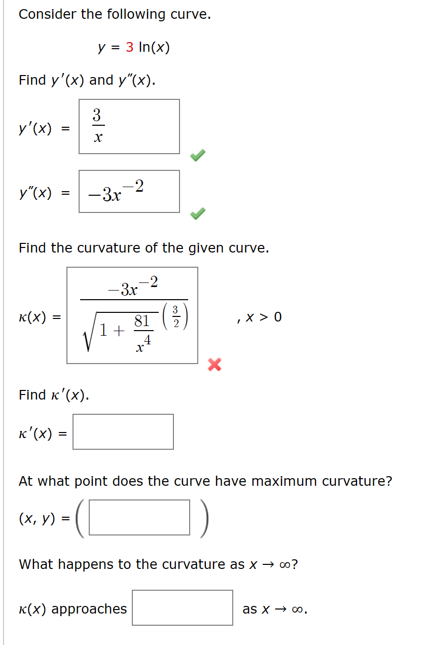 Solved Consider the following curve. y=3ln(x) Find y′(x) and | Chegg.com