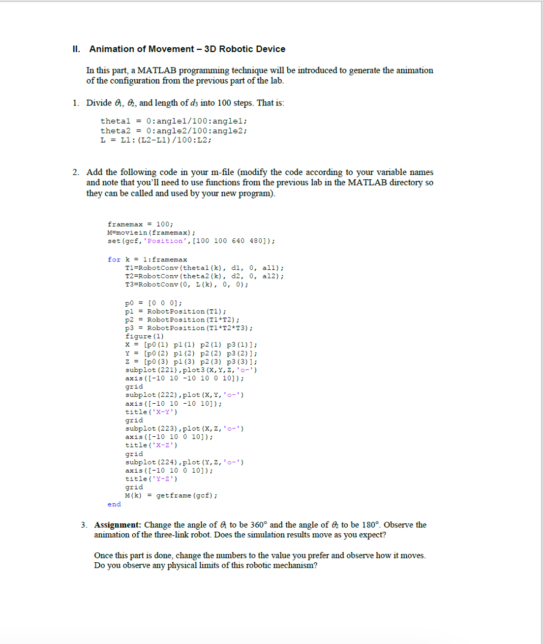 Solved II. ﻿Animation of Movement - 3D Robotic DeviceIn this | Chegg.com