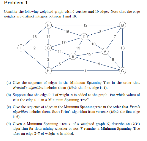 Solved Consider the following weighted graph with 9 vertices | Chegg.com