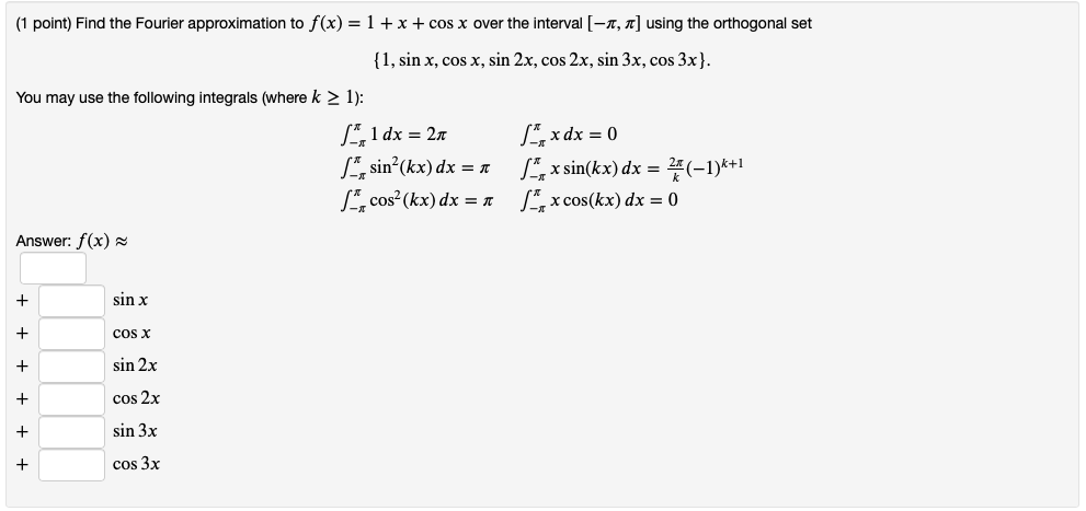Solved (1 point) Find the Fourier approximation to f(x) = 1 | Chegg.com