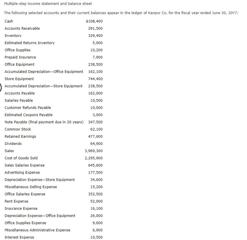 Solved Multiple-step income statement and balance sheet | Chegg.com