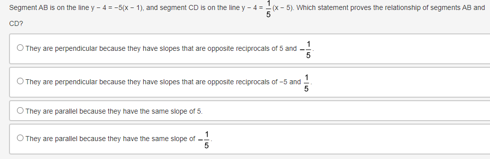 Solved Segment AB is on the line y−4=−5(x−1), and segment CD | Chegg.com