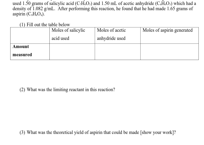 Solved In the aspirin lab, you used the following balanced | Chegg.com
