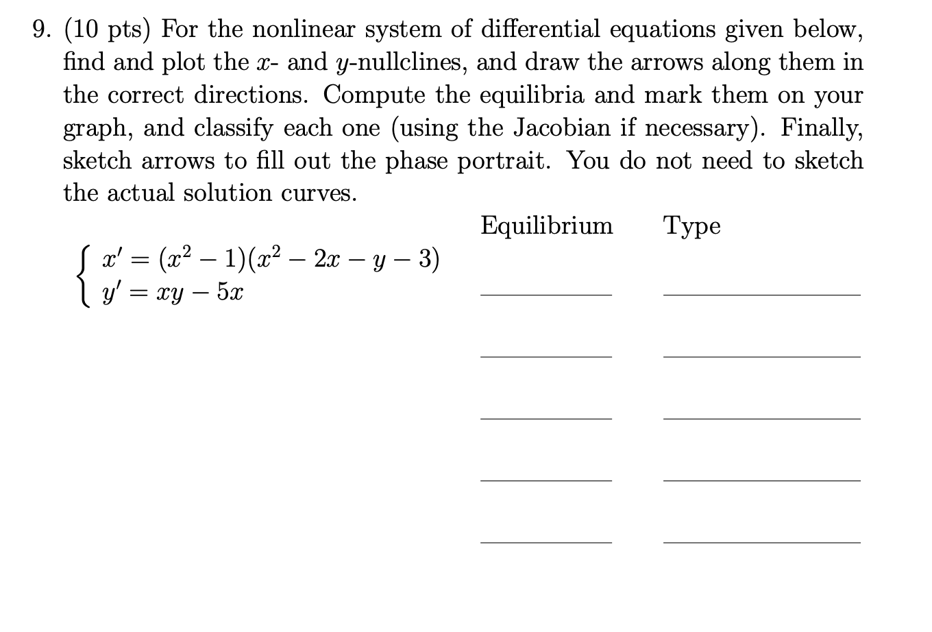 Solved (10 pts) For the nonlinear system of differential | Chegg.com