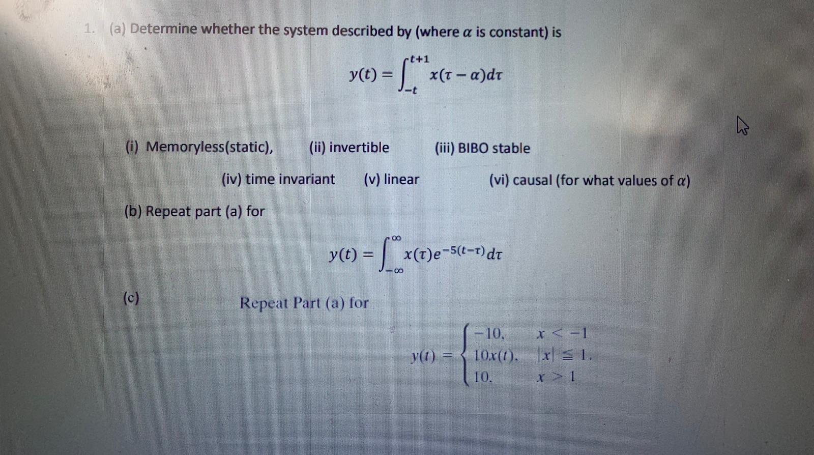 Solved 1. (a) Determine whether the system described by | Chegg.com