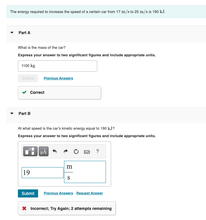 Solved The energy required to increase the speed of a | Chegg.com