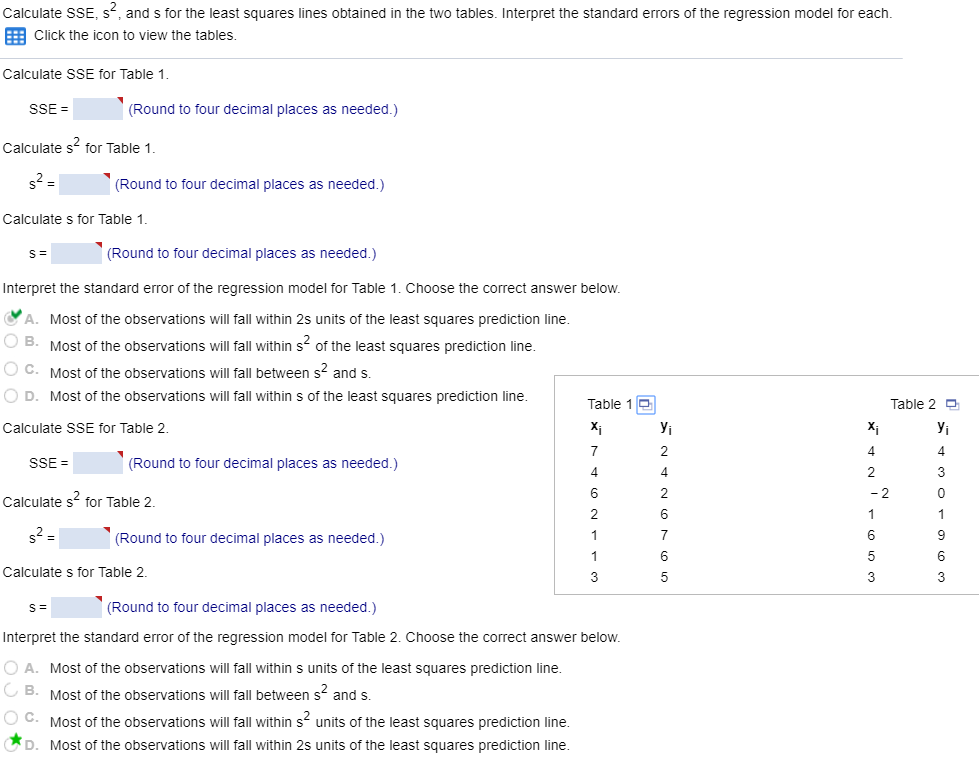 Solved Calculate SSE, s, and s for the least squares lines | Chegg.com