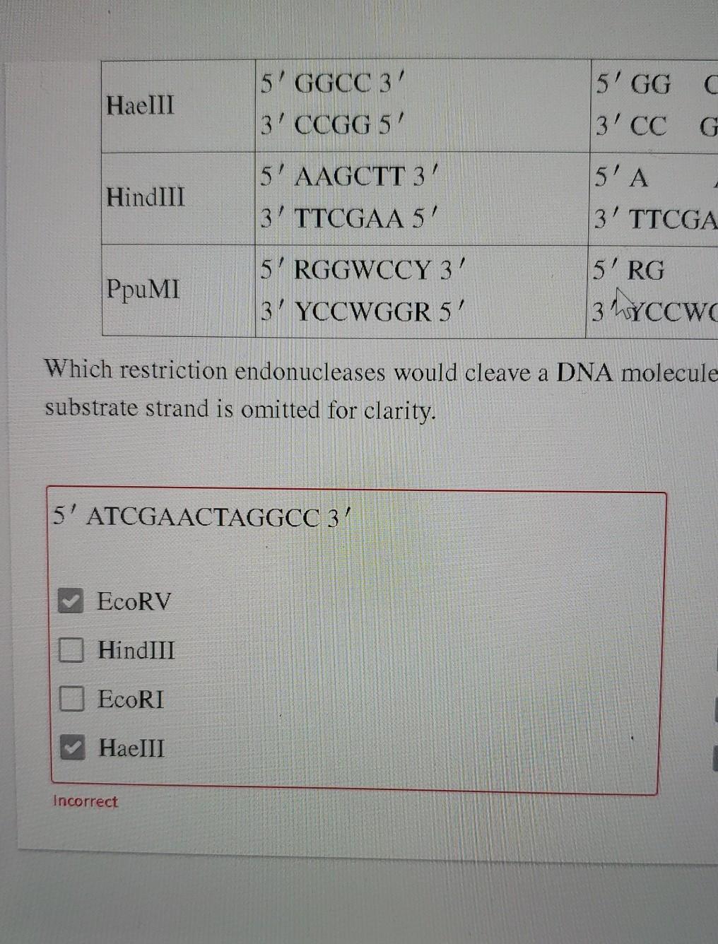 Solved HaeIII 5' GGCC 37 3' CCGG 5' 15 GG C 3 CC G HindIII | Chegg.com