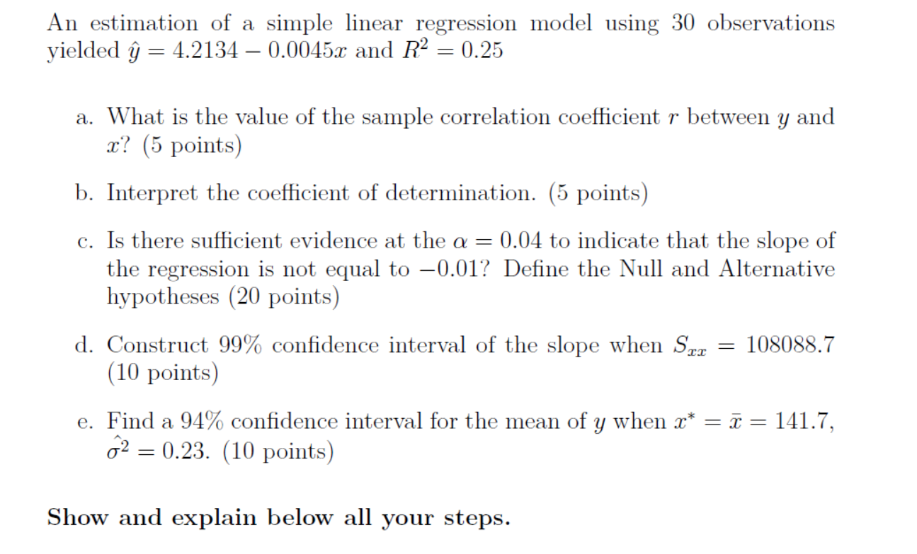 Solved An estimation of a simple linear regression model | Chegg.com