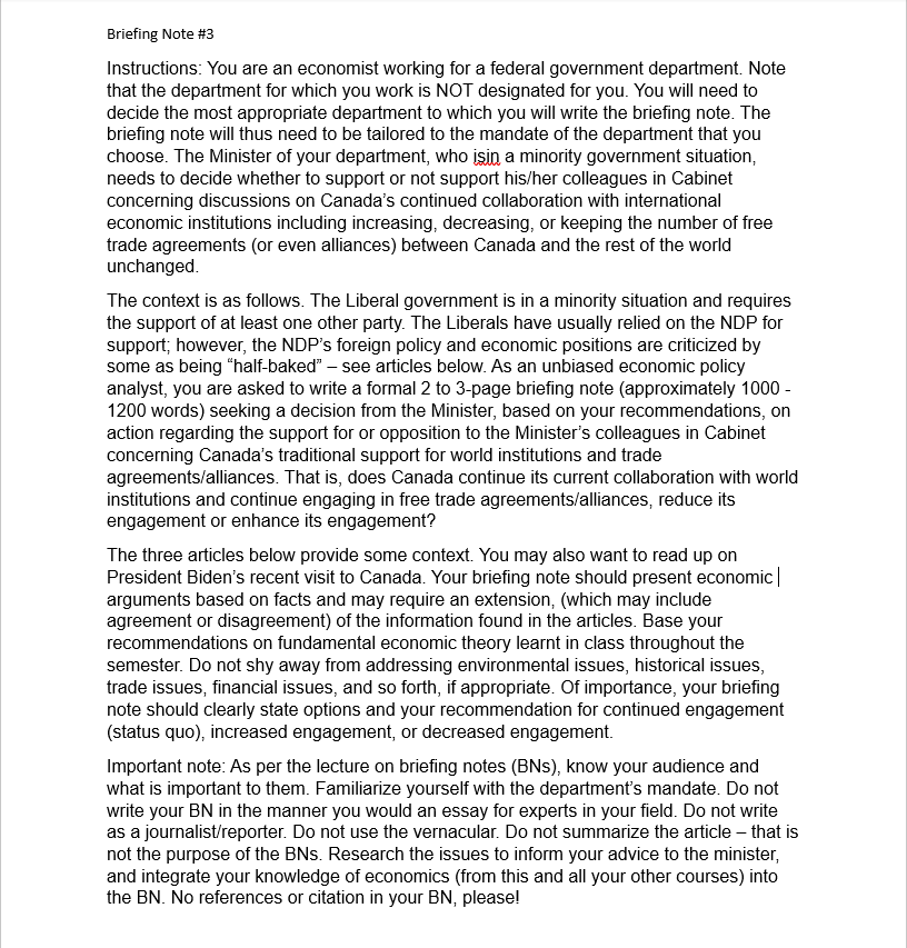 Solved Briefing Note \#3 Instructions: You are an economist | Chegg.com