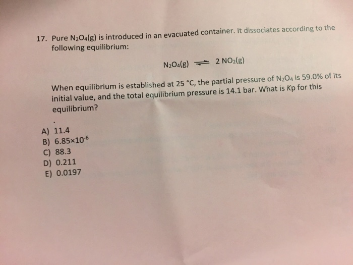 Solved 17. Pure N204(g) is introduced in an evacuated | Chegg.com