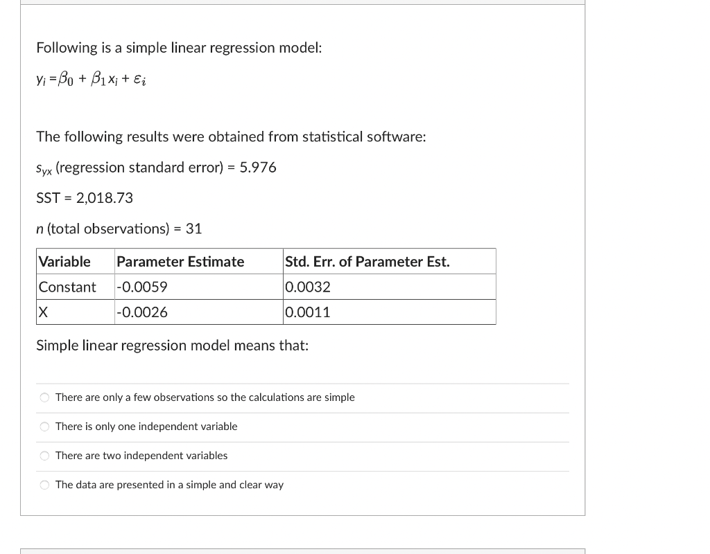 Solved Following is a simple linear regression model: | Chegg.com
