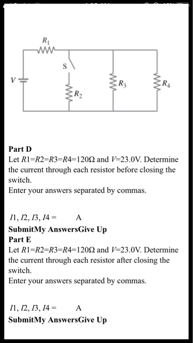Solved Part D Let Ri=R2=R3=R4-1 20Ω and V-23.0V. Determine | Chegg.com