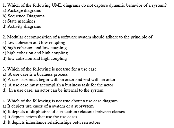 Solved 1. Which of the following UML diagrams do not capture | Chegg.com