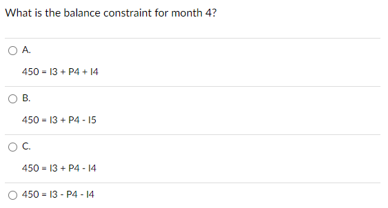Solved What is the balance constraint for month 1 ? A. I1 = | Chegg.com