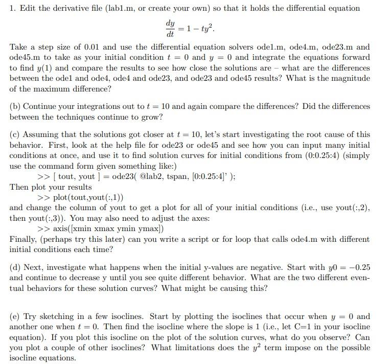 Solved 1. Edit the derivative file (lab1.m, or create your | Chegg.com