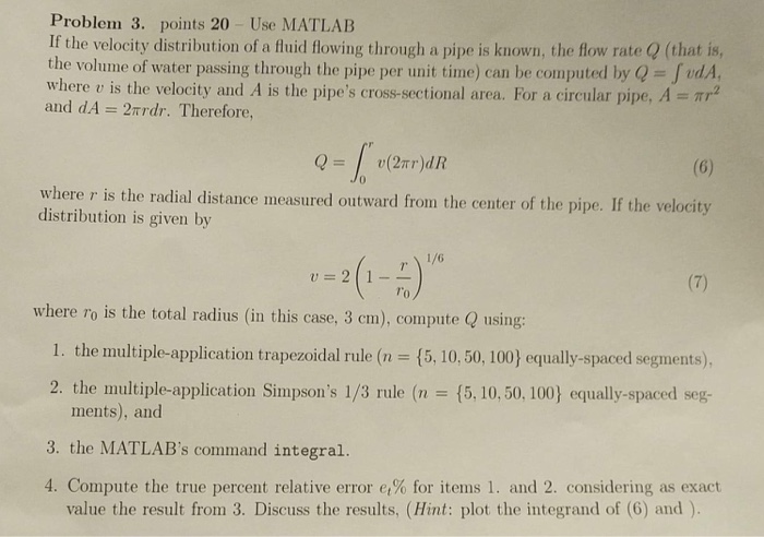 Solved Problem 3. points 20 - Use MATLAB If the velocity | Chegg.com