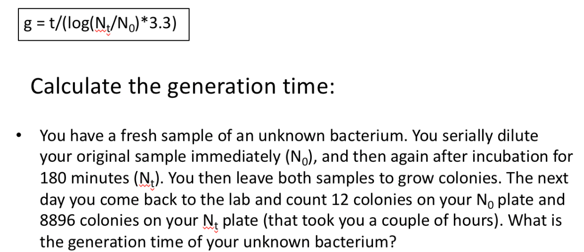 Solved g = t/(log(N/N.)*3.3) Calculate the generation time: | Chegg.com