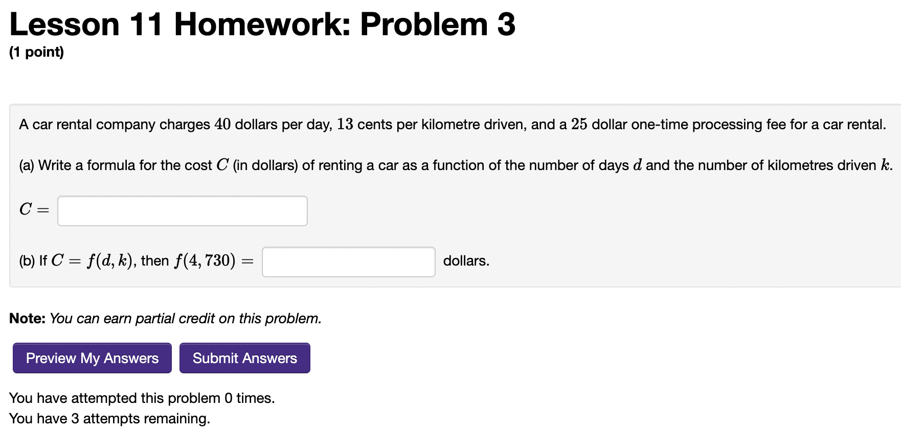 Solved Lesson 11 Homework: Problem 3 (1 point) A car rental | Chegg.com