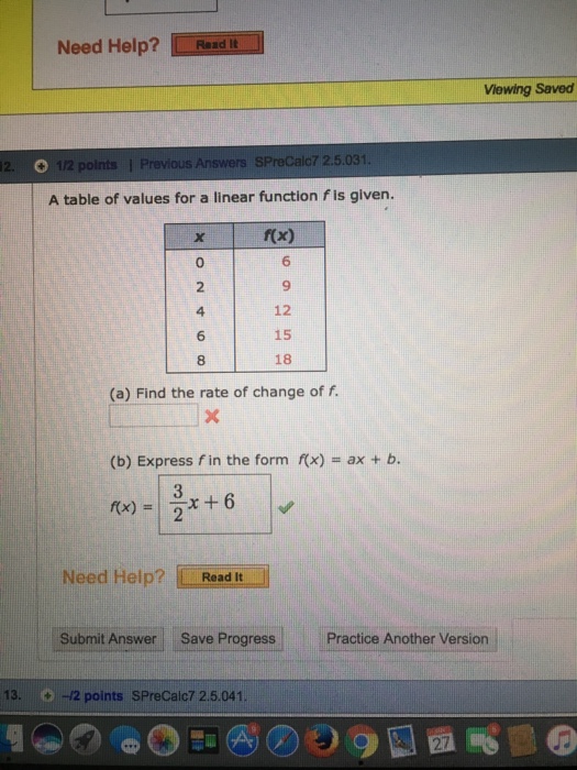 Solved A table of values for a linear function f is given. | Chegg.com