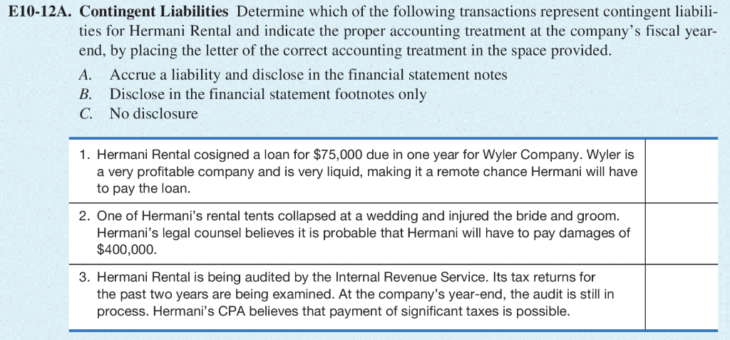 Solved E10-12A. Contingent Liabilities Determine which of | Chegg.com