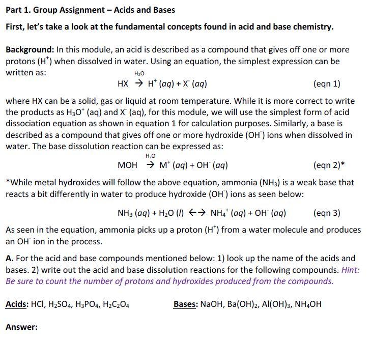 Solved Part 1. Group Assignment - Acids and Bases First, | Chegg.com