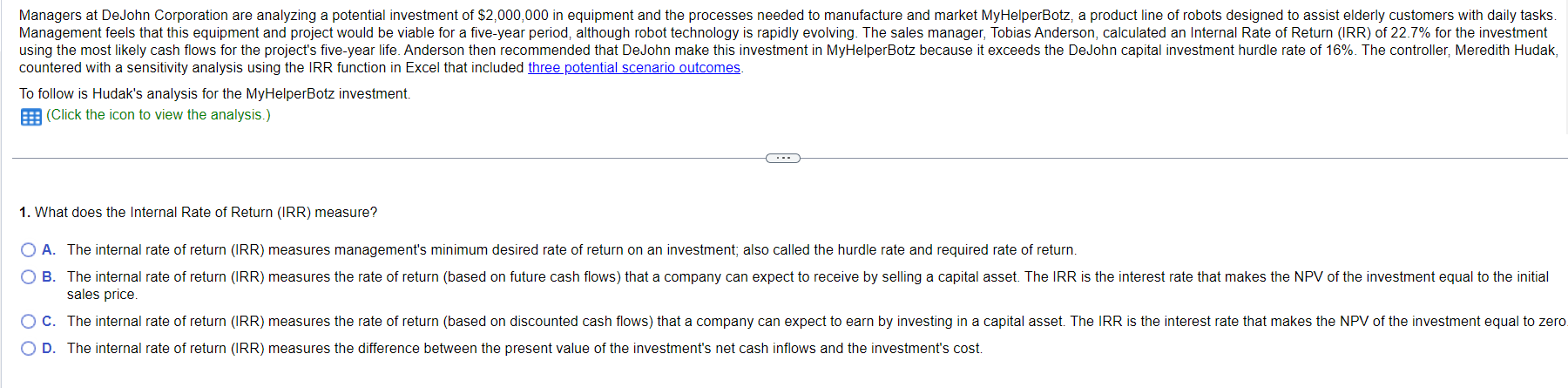 Solved countered with a sensitivity analysis using the IRR | Chegg.com