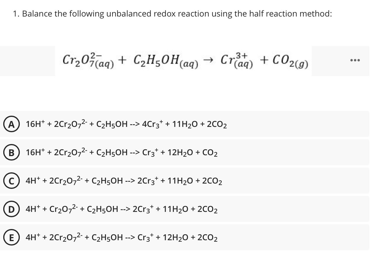 Solved 1. Balance the following unbalanced redox reaction | Chegg.com