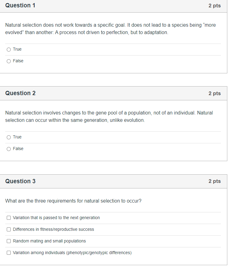Solved Question 1 2 pts Natural selection does not work | Chegg.com