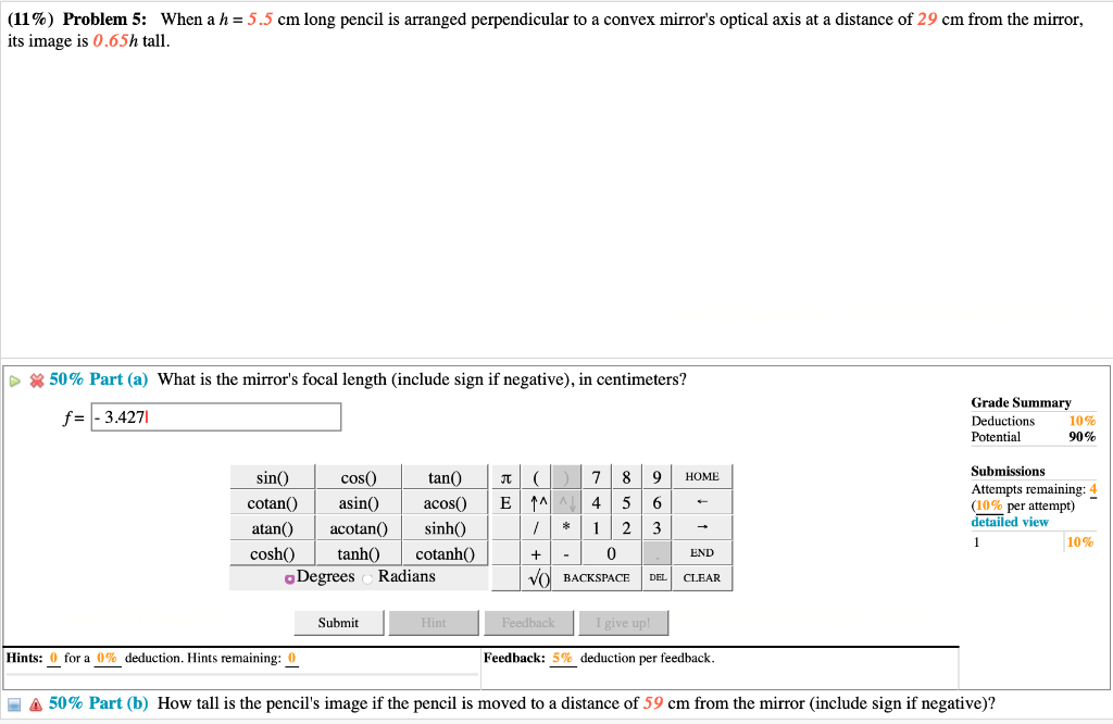 Solved (11\%) Problem 5: When a h=5.5 cm long pencil is | Chegg.com