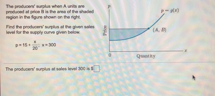 Solved The producers' surplus when A units are produced at | Chegg.com