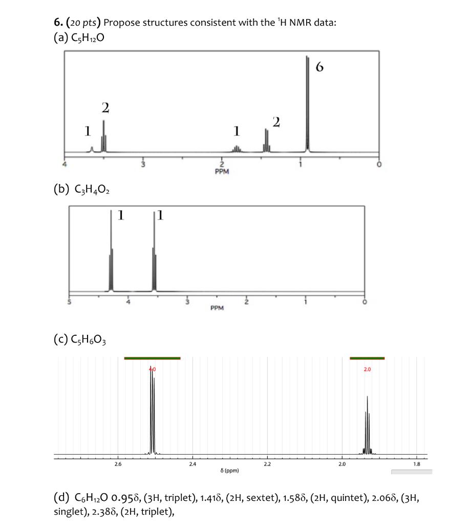 Solved 6. (20 pts) Propose structures consistent with the 'H | Chegg.com