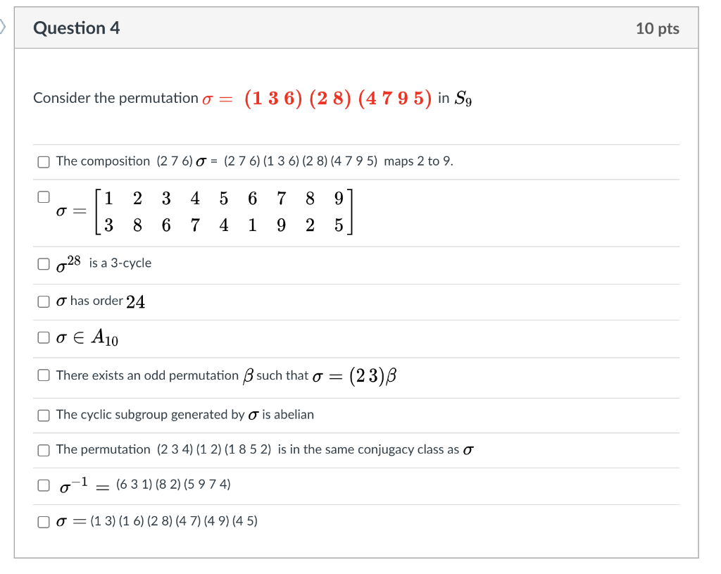 Solved > Question 4 10 pts Consider the permutation or (136) | Chegg.com