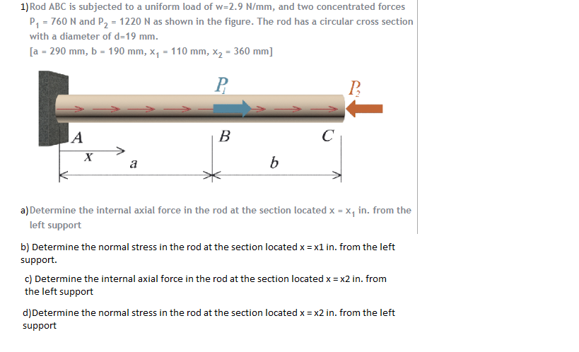Solved 1)Rod ABC is subjected to a uniform load of w-2.9 | Chegg.com