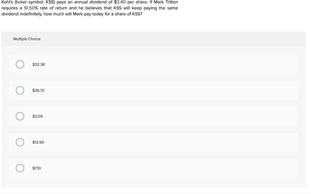 Solved Kohl's (ticker symbol: KSS) pays an annual dividend | Chegg.com