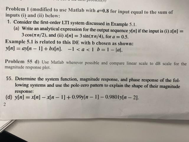 [Solved]: Problem 1 (modified to use Matlab with a=0.8 for