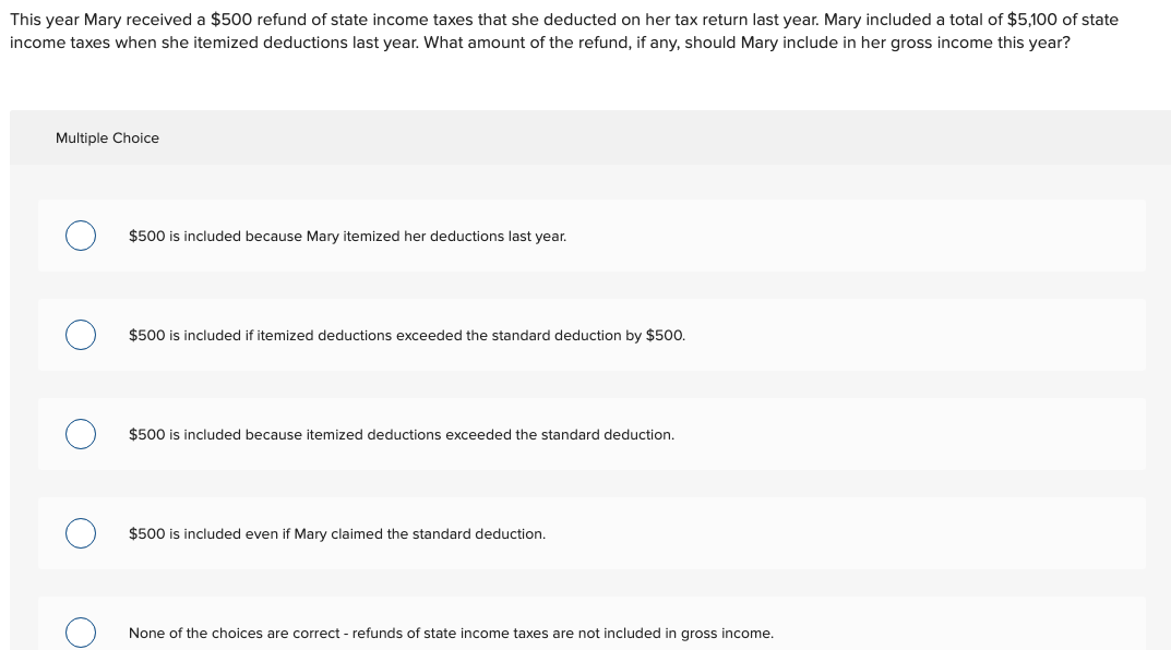 Solved This year Mary received a $500 refund of state income | Chegg.com