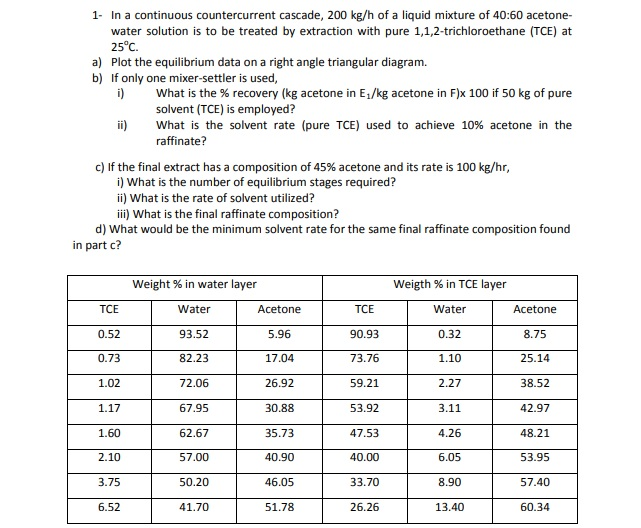 1 In a continuous countercurrent cascade, 200 kg/h of | Chegg.com