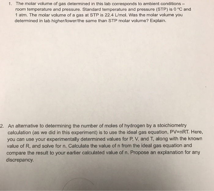 Solved The molar volume of gas determined in this lab | Chegg.com