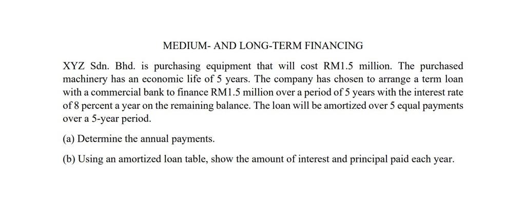 Solved MEDIUM- AND LONG-TERM FINANCING XYZ Sdn. Bhd. is | Chegg.com