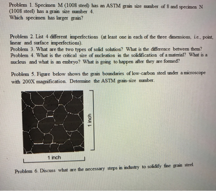 Solved Problem 1. Specimen M (1008 steel) has an ASTM grain | Chegg.com