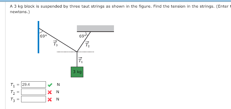Solved A 3 kg block is suspended by three taut strings as | Chegg.com