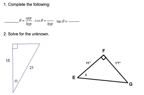 Solved 1. Complete the following: орр hyp cos = hyp tan 8= | Chegg.com