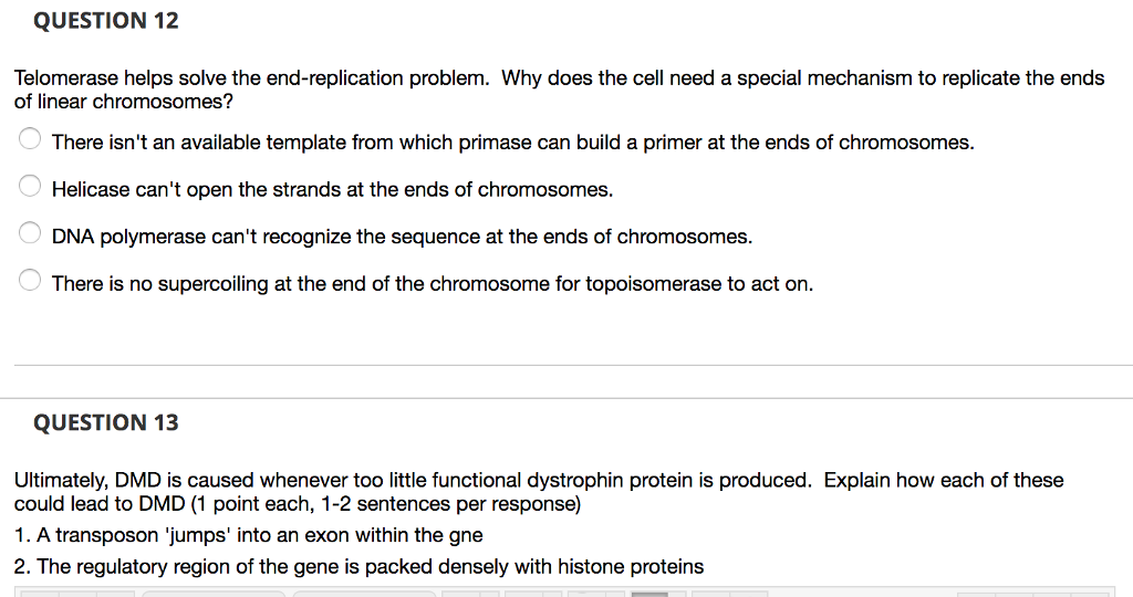 Solved QUESTION 12 Telomerase helps solve the | Chegg.com