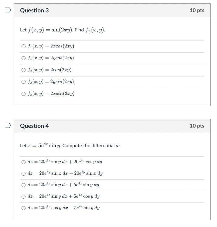 Solved Let f(x,y)=sin(2xy). Find fx(x,y) | Chegg.com