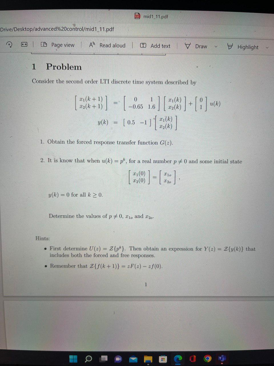 Consider The Second Order Lti Discrete Time System