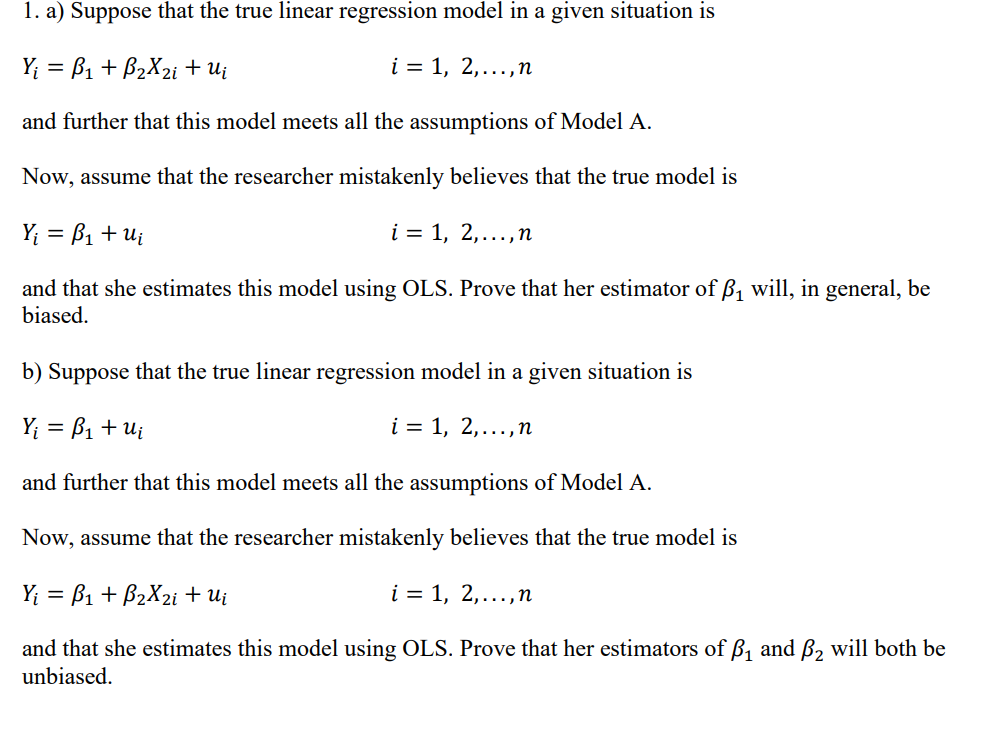 Solved 1. a) Suppose that the true linear regression model | Chegg.com
